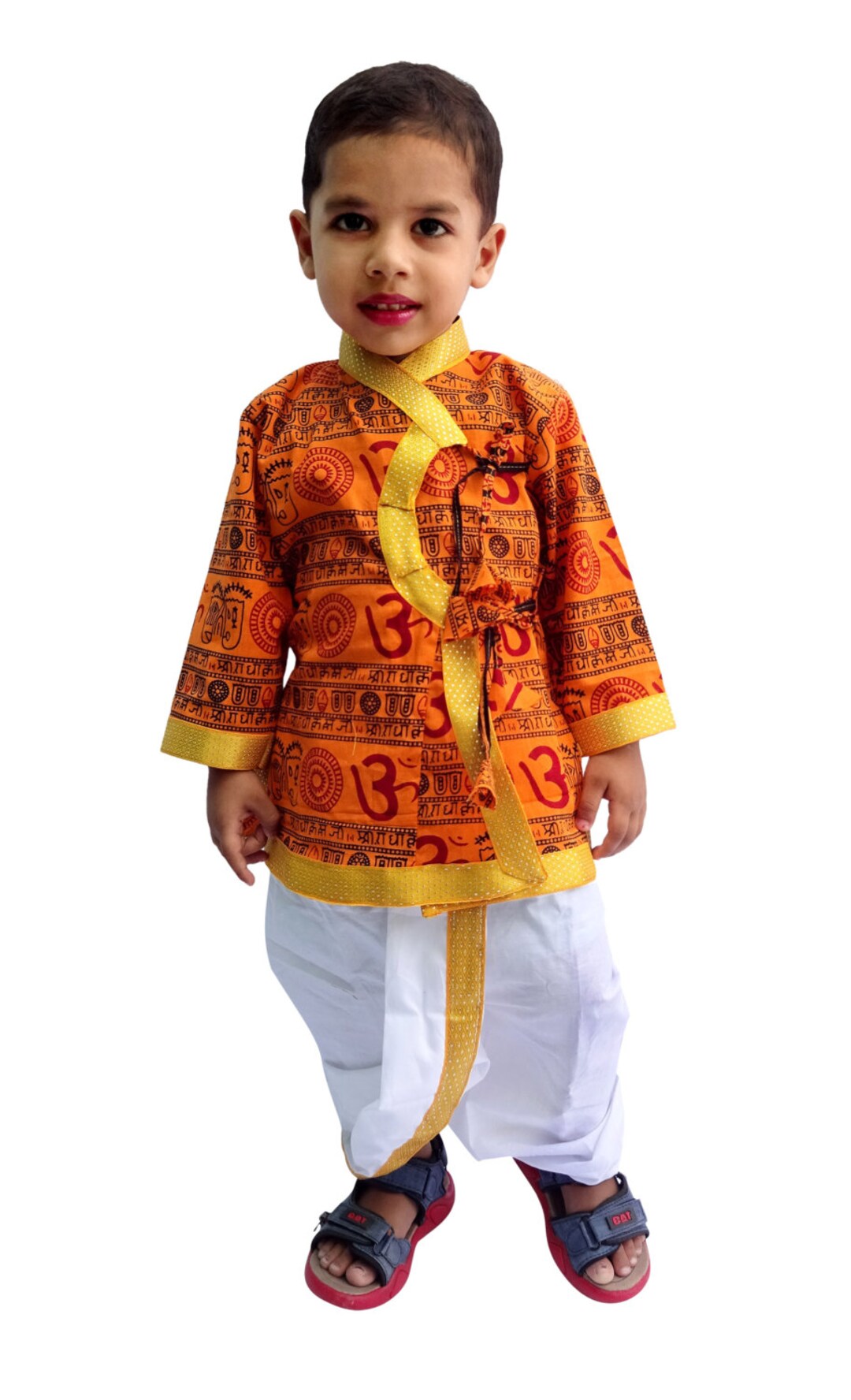 Ethnic Dhoti Kurta Indian Om Print Saffron Dress, Boy's Traditional ...