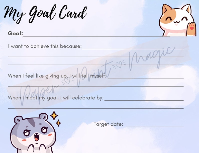 Kawaii Goal Setting Card | Goal Tracker | Printable Goal Card | Focus ...