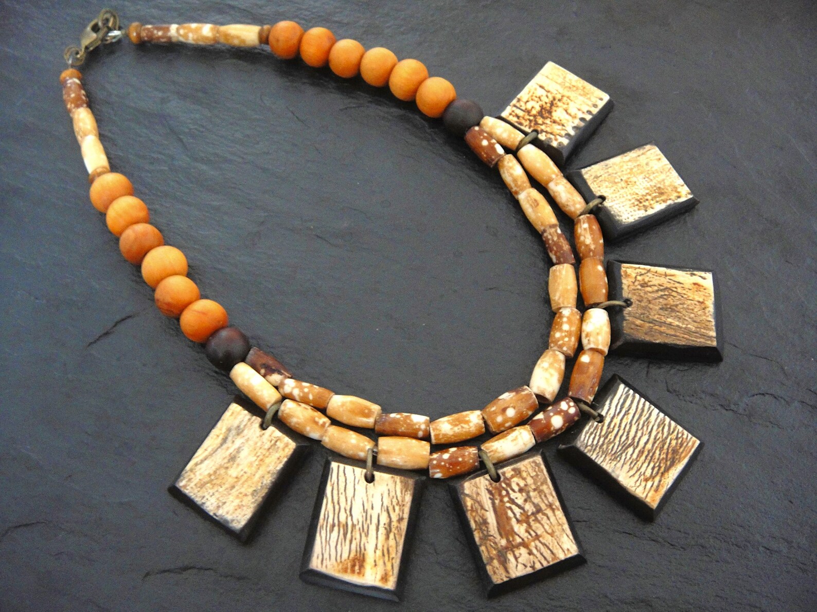 Ethnic Bone Necklace Chunky Batik Bone Beads Olive Wood Tribal Designer ...