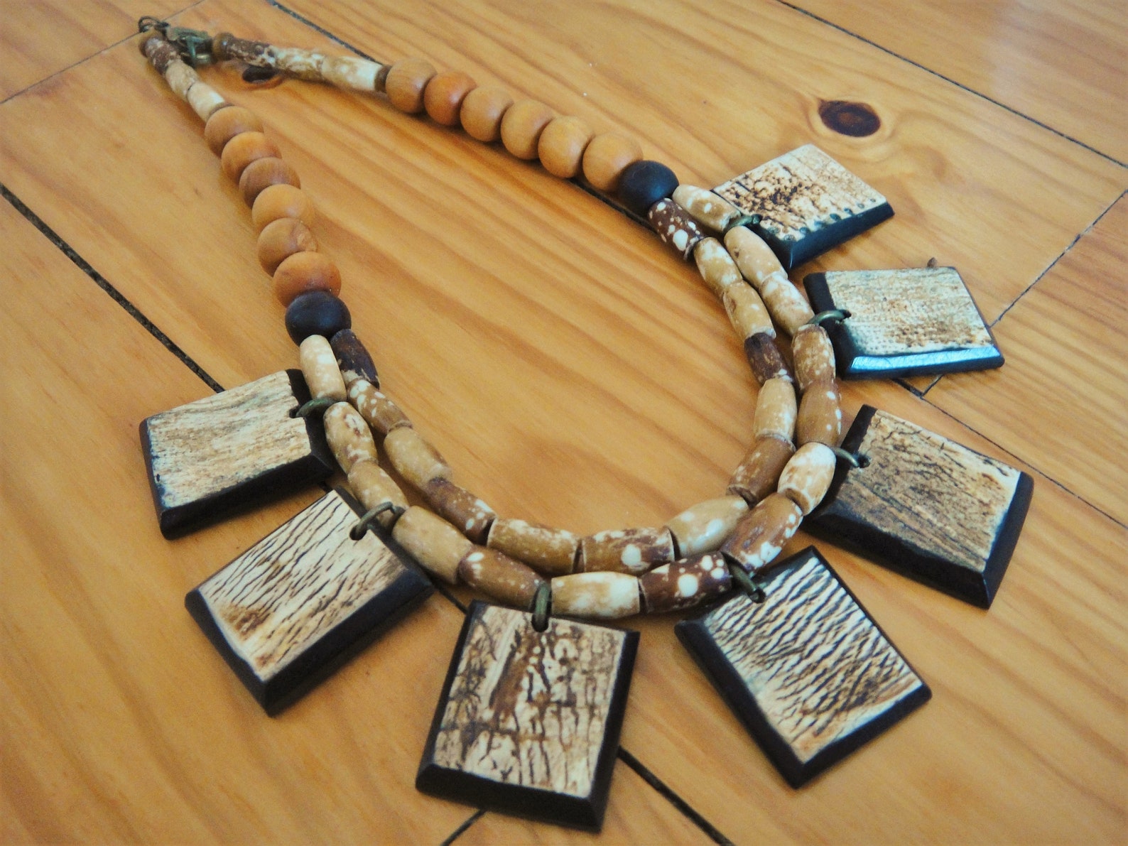 Ethnic Bone Necklace Chunky Batik Bone Beads Olive Wood Tribal Designer ...