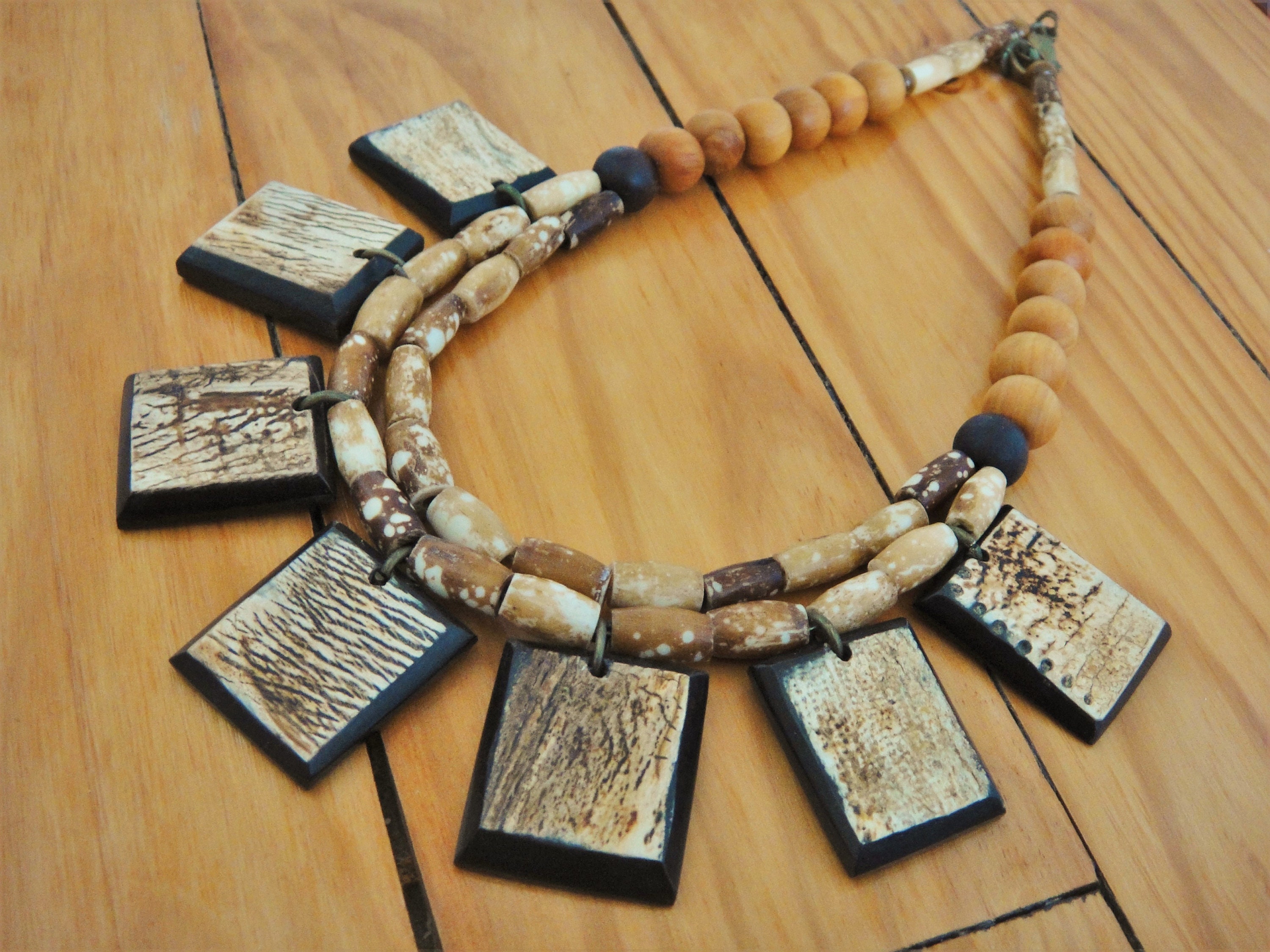 Ethnic Bone Necklace Chunky Batik Bone Beads Olive Wood Tribal Designer ...