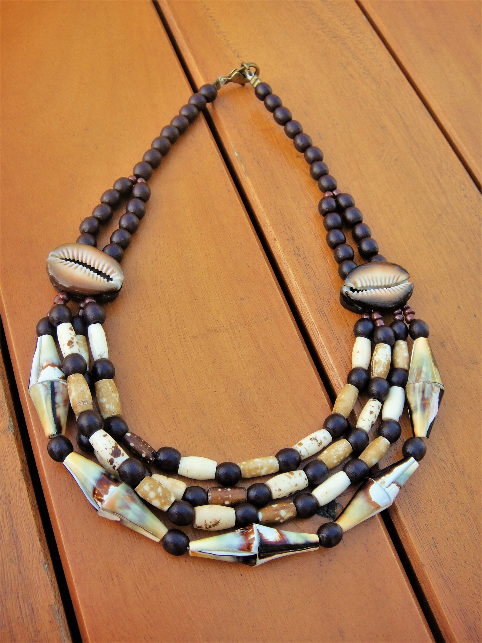 Bone Bead Necklace - African Shells Bib - Tribal Statement Necklace ...