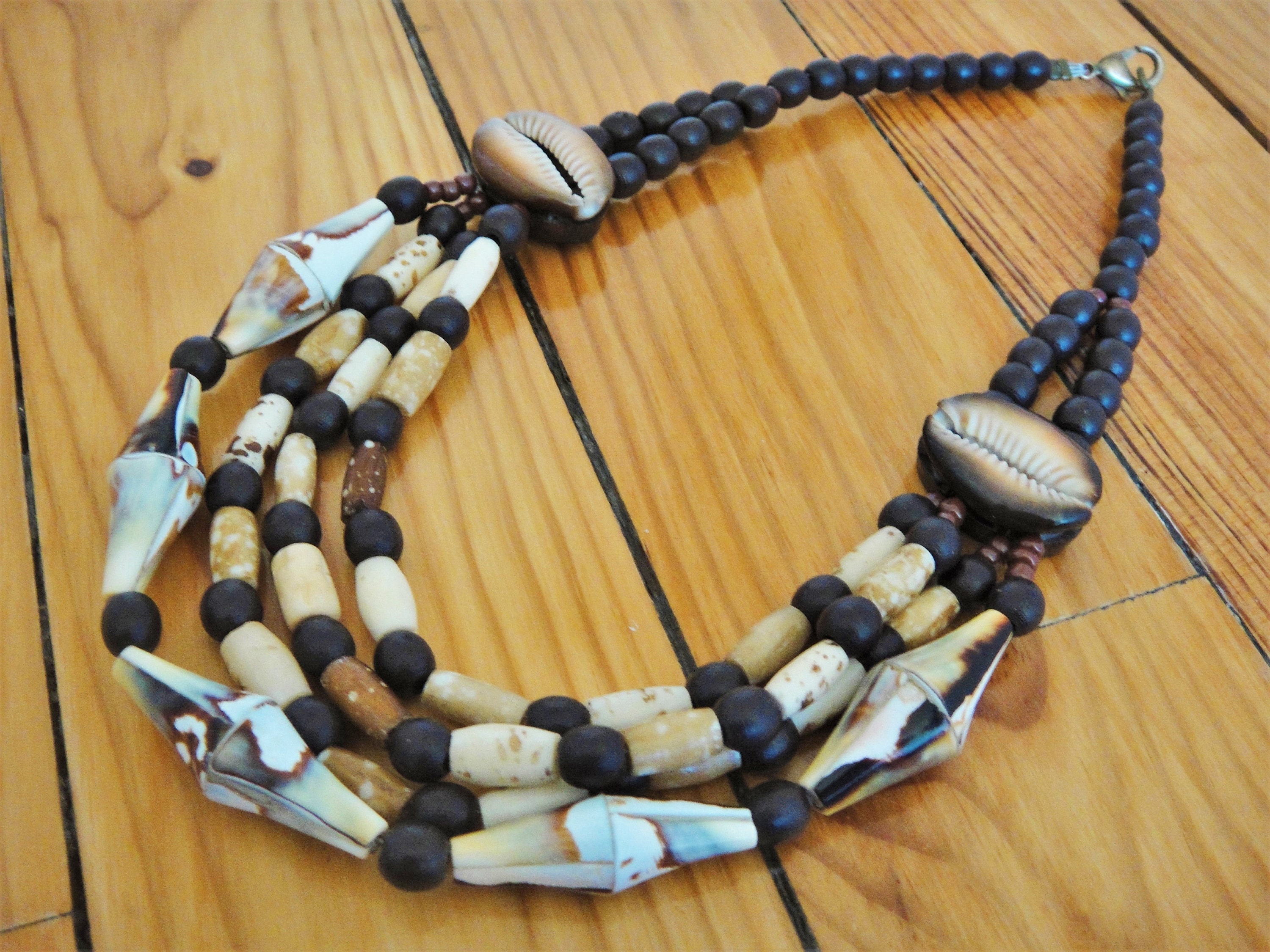 Bone Bead Necklace - African Shells Bib - Tribal Statement Necklace ...