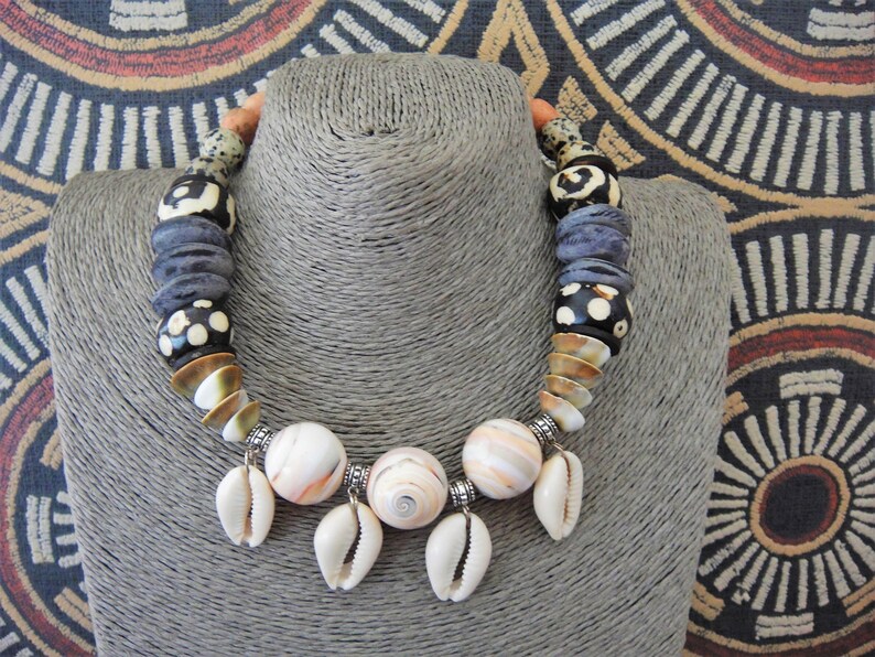 Tribal Shell Choker Bold Mens Ethnic Statement Necklace Luxury Batik ...