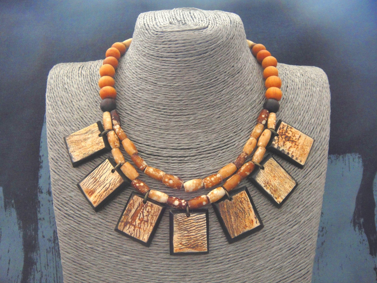 Ethnic Bone Necklace Chunky Batik Bone Beads Olive Wood Tribal Designer ...