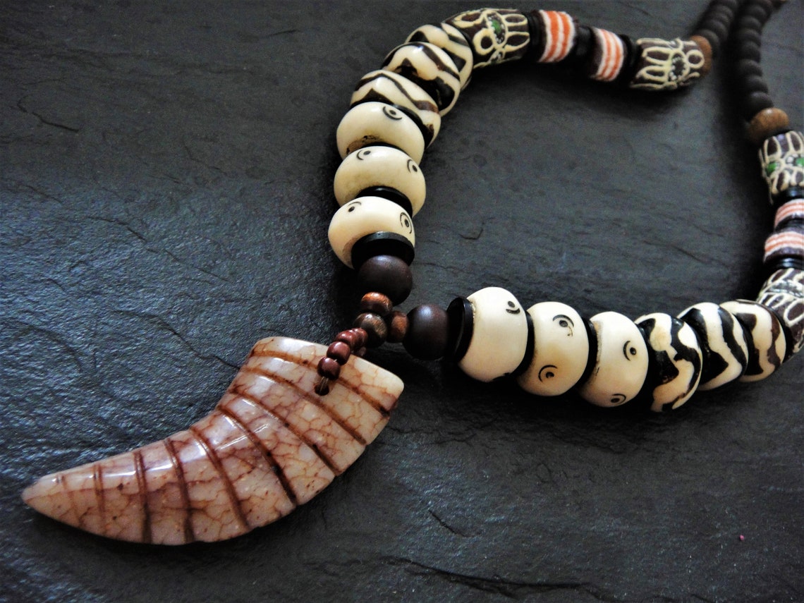 Mens African Necklace Batik Bone Beads Statement Necklace | Etsy