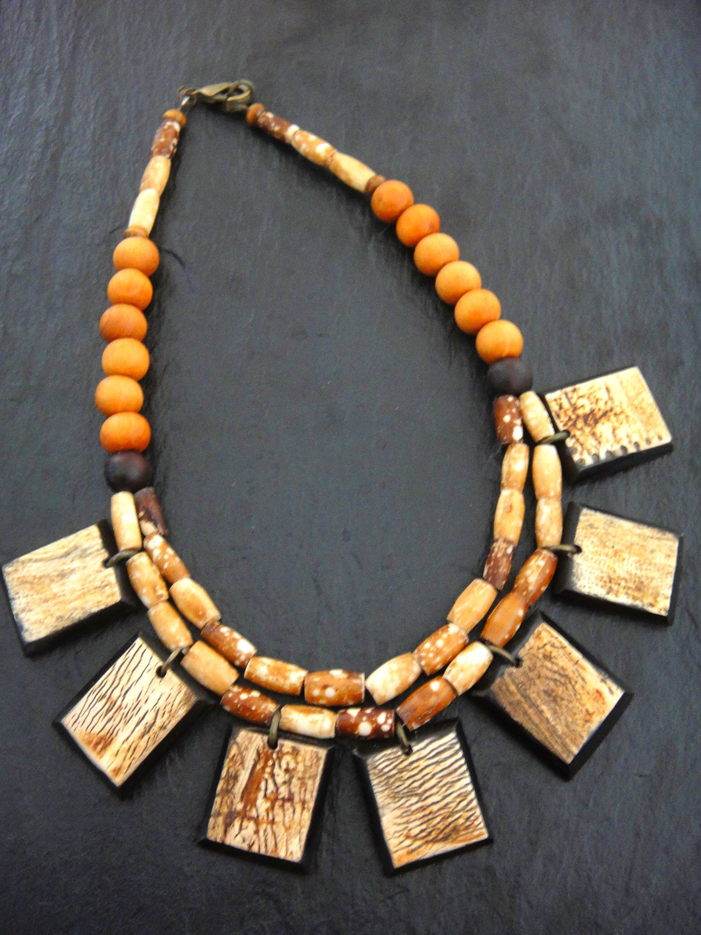 Ethnic Bone Necklace Chunky Batik Bone Beads Olive Wood Tribal Designer ...