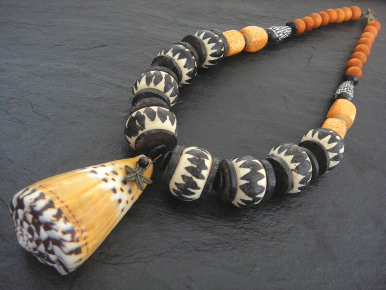 Batik Bone Necklace Tribal Shells Luxury Vintage Couture Jewelry Heavy ...