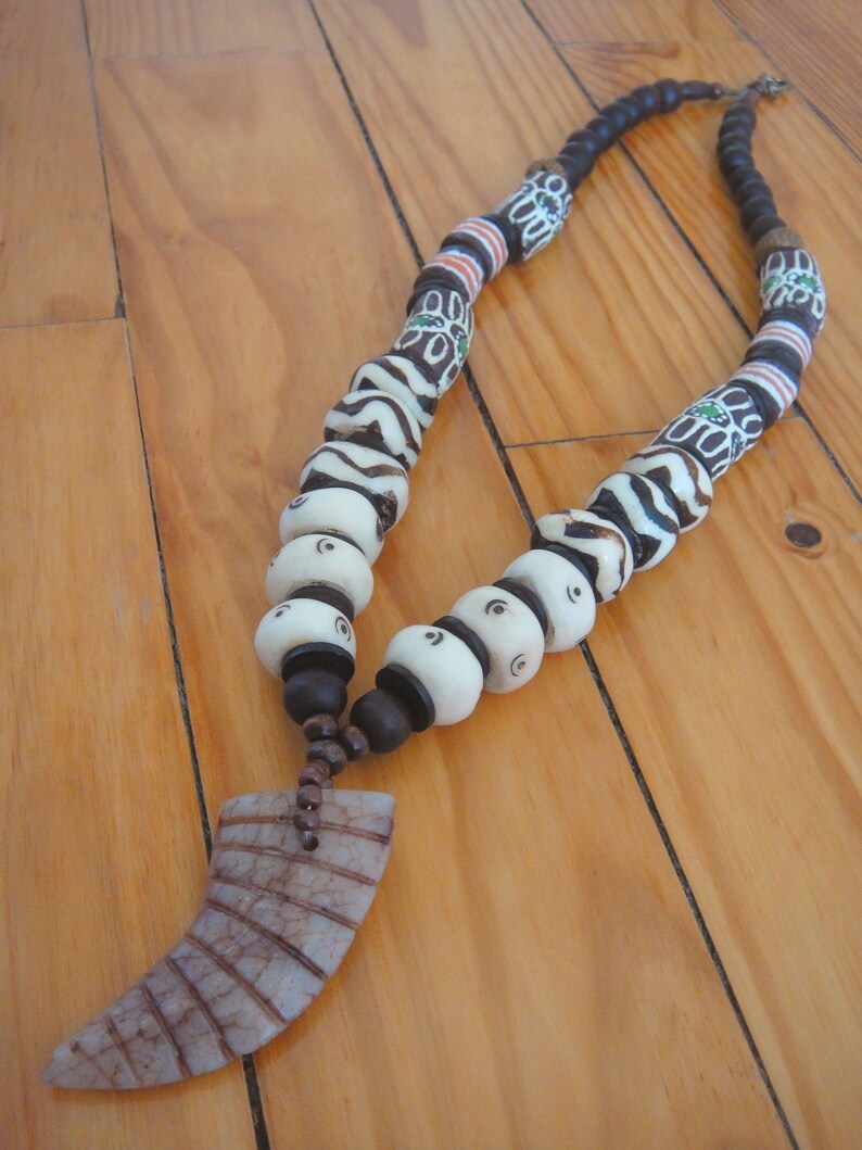 Mens African Necklace Batik Bone Beads OOAK Afrocentric Statement ...