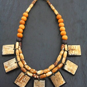 Ethnic Bone Necklace Chunky Batik Bone Beads Olive Wood Tribal Designer ...