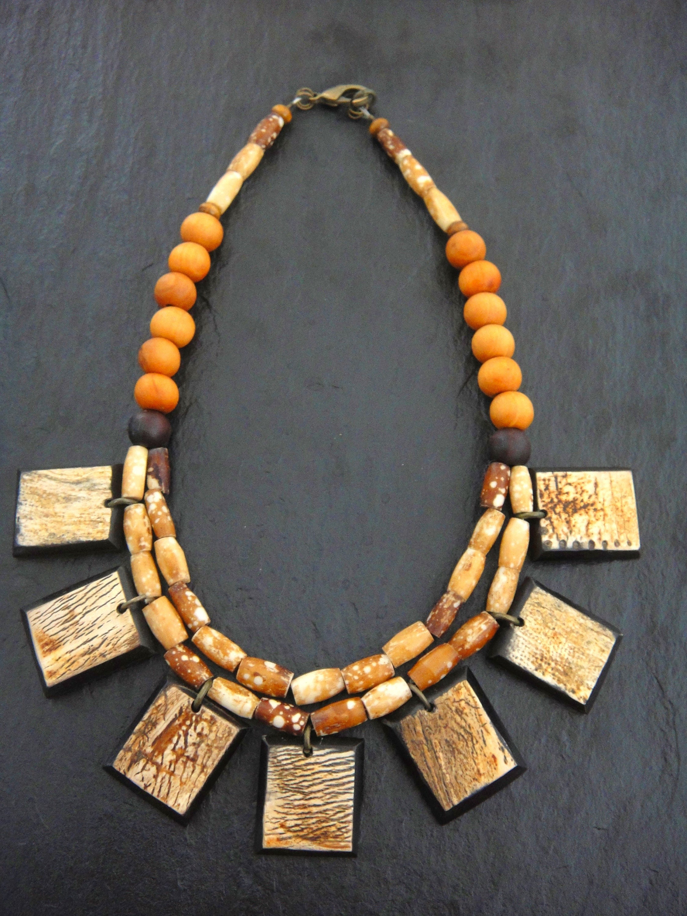 Ethnic Bone Necklace Chunky Batik Bone Beads Olive Wood Tribal Designer ...