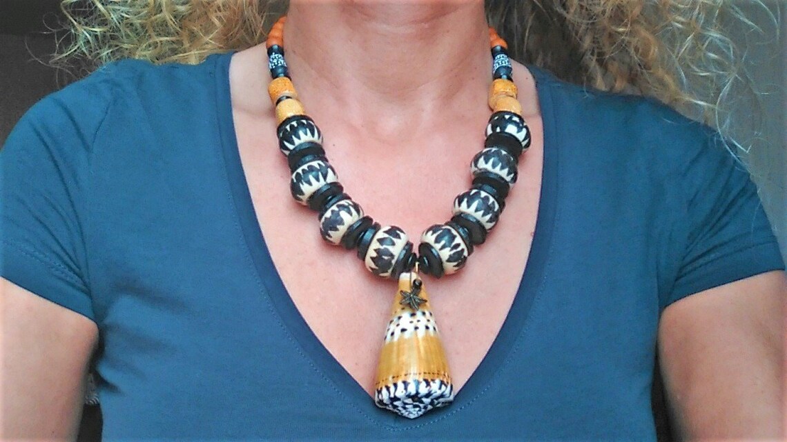 Batik Bone Necklace Tribal Shells Luxury Vintage Couture Jewelry Heavy ...