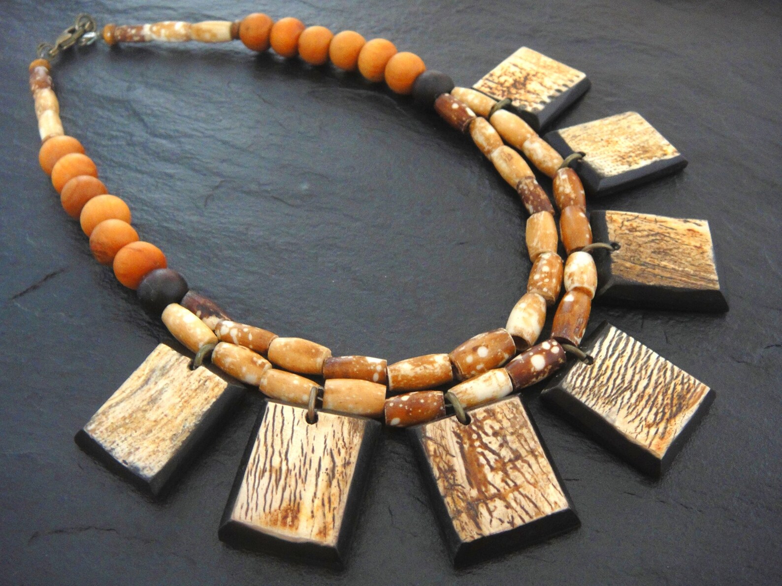 Ethnic Bone Necklace Chunky Batik Bone Beads Olive Wood Tribal Designer ...