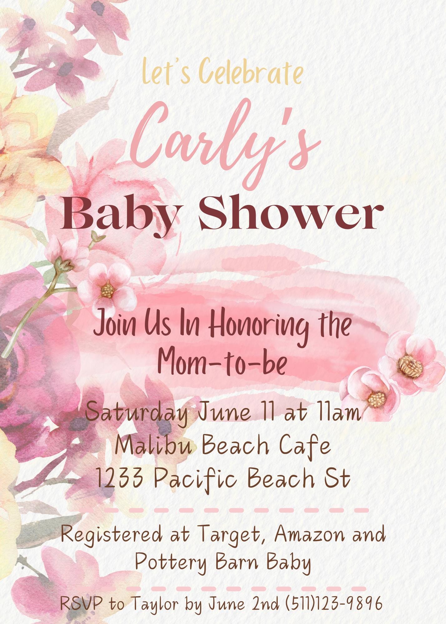 Watercolor Floral Baby Shower Invitation | Custom Editable Template ...