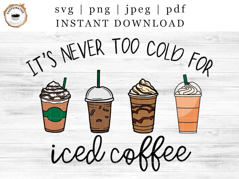 Never Too Cold for Iced Coffee SVG, Iced Coffee Sublimation Design ...