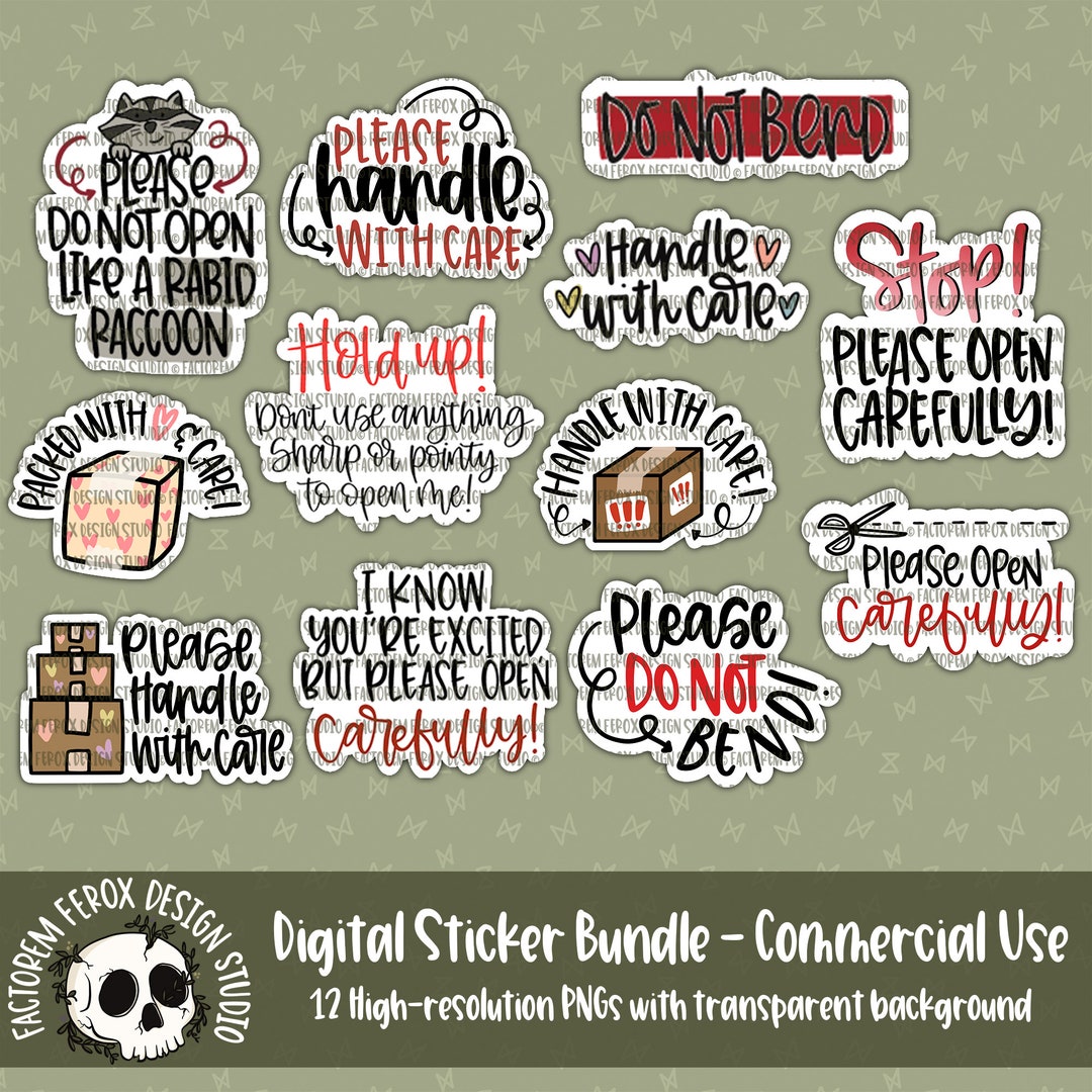 Handle With Care Digital Sticker Bundle © - Commercial Use, Packaging ...