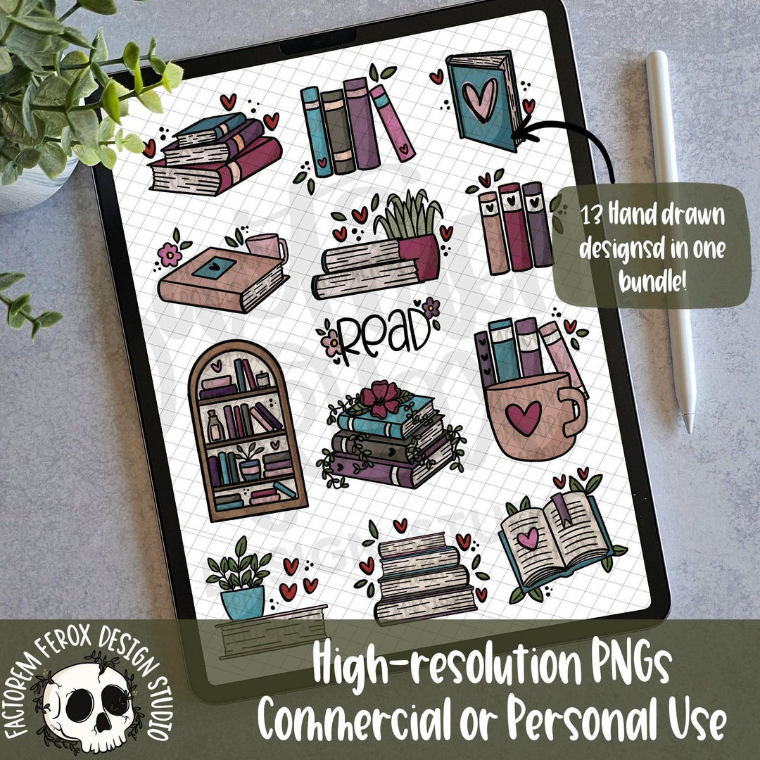 Book Clipart PNG Set: Hand-drawn Reader & Booktok Designs (digital File ...