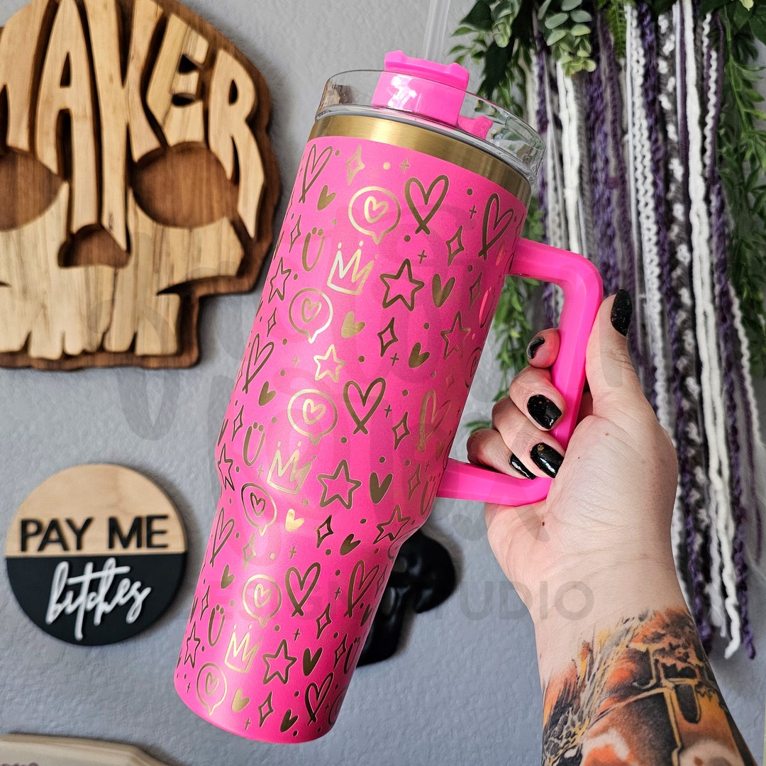 Cutesy Doodles 40oz Engraved Stainless Steel Tumbler ©, Pink and Gold ...