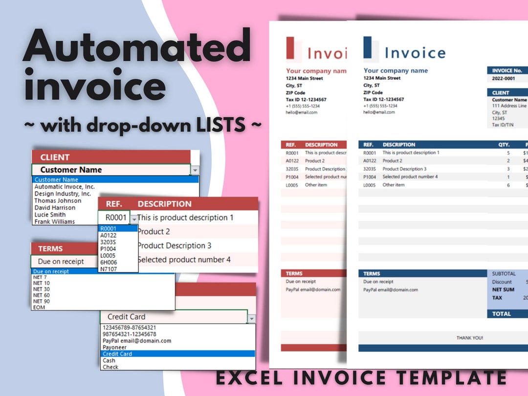 Excel Invoice Template Calculating Invoice Automated Client Dropdown ...