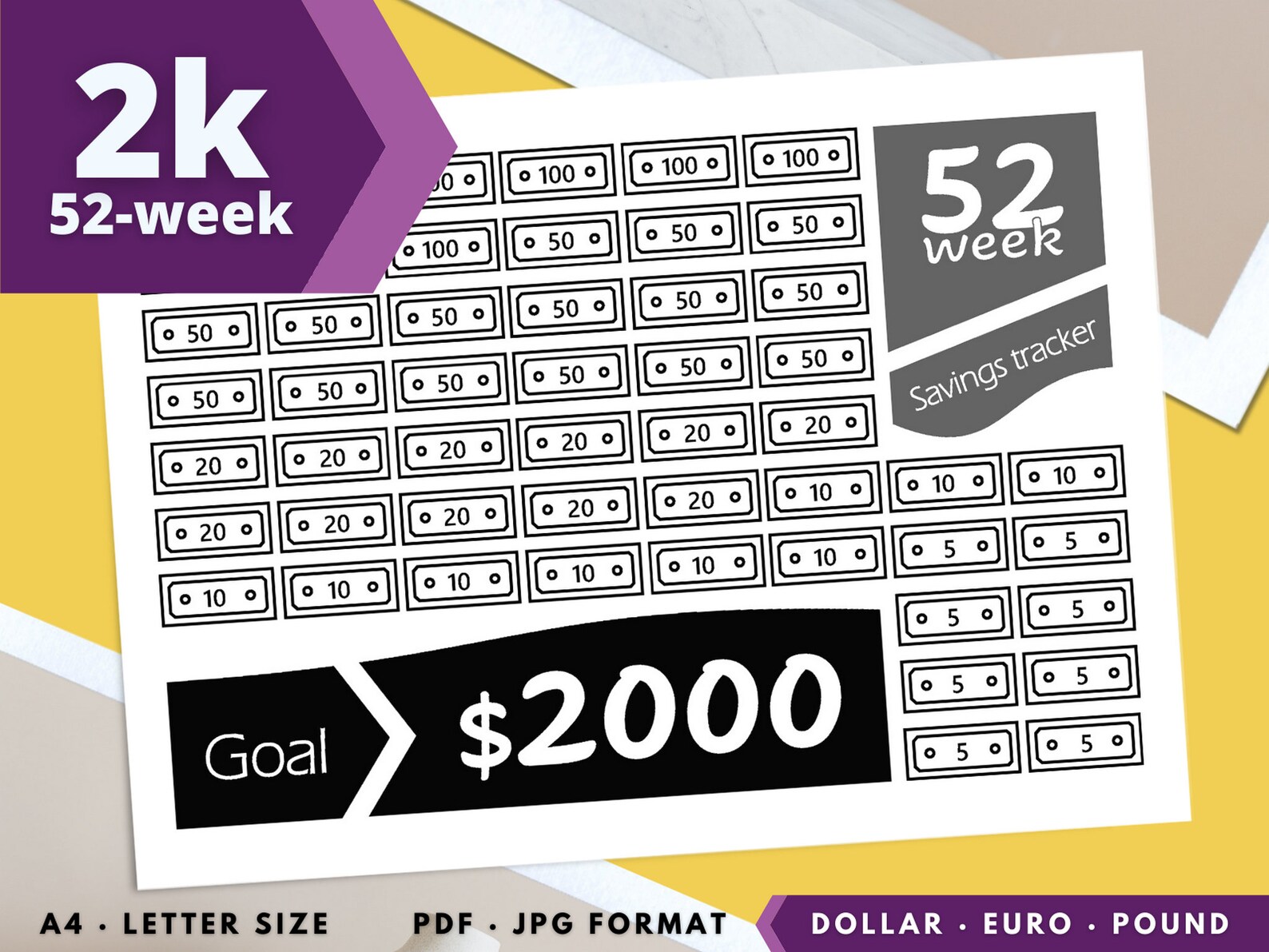 2k Money Tracker 52-week. Save 2000 a Year. Savings Tracker Printable ...