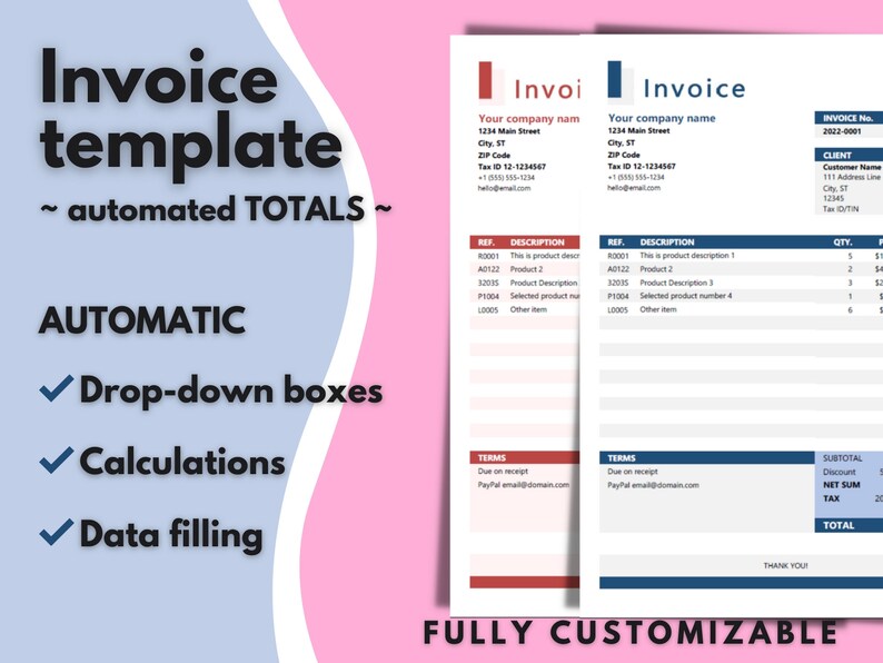 Excel Invoice Template Calculating Invoice Automated Client Dropdown ...