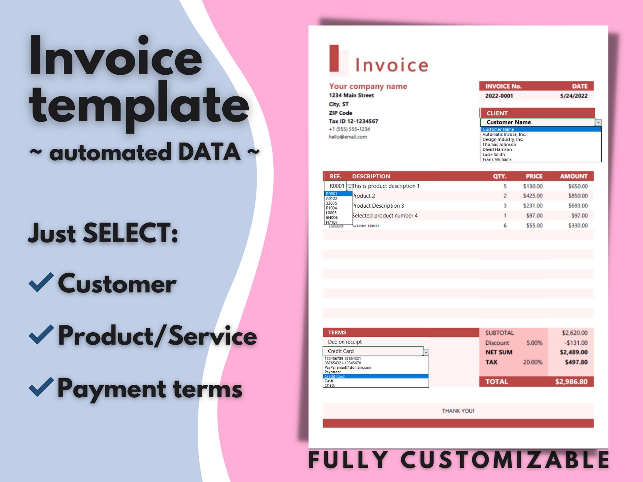 Excel Invoice Template Calculating Invoice Automated Client Dropdown ...