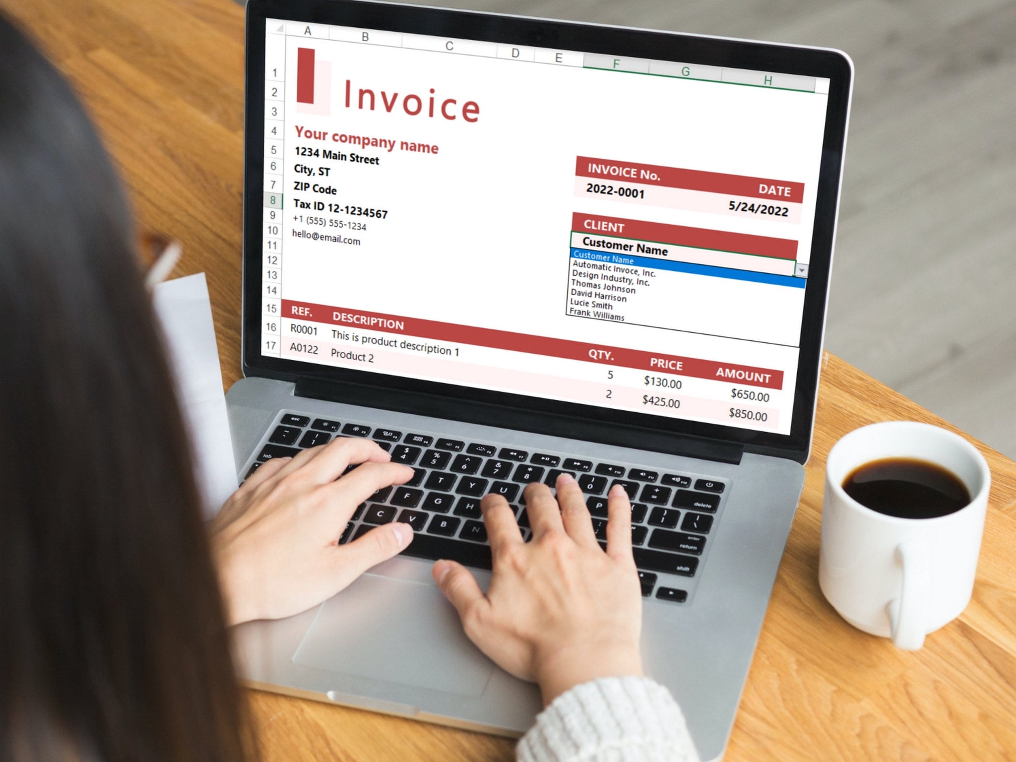 Excel Invoice Template Calculating Invoice Automated Client Dropdown ...