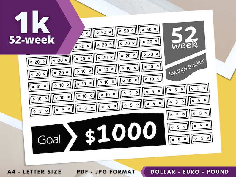 1k Money Tracker 52-week. Save 1000 a Year. Savings Tracker Printable ...