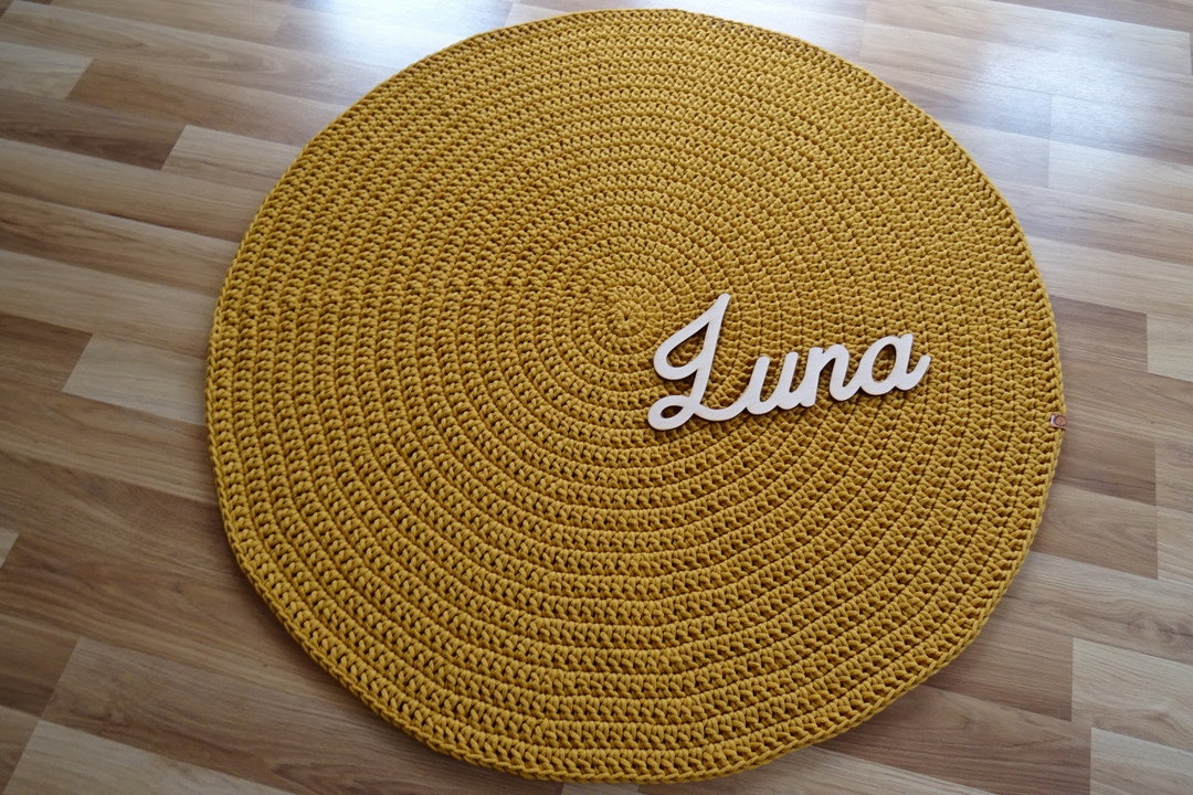 Nursery Round Rug, Mustard Yellow Round Rug, Crochet Small Rug, Braided ...