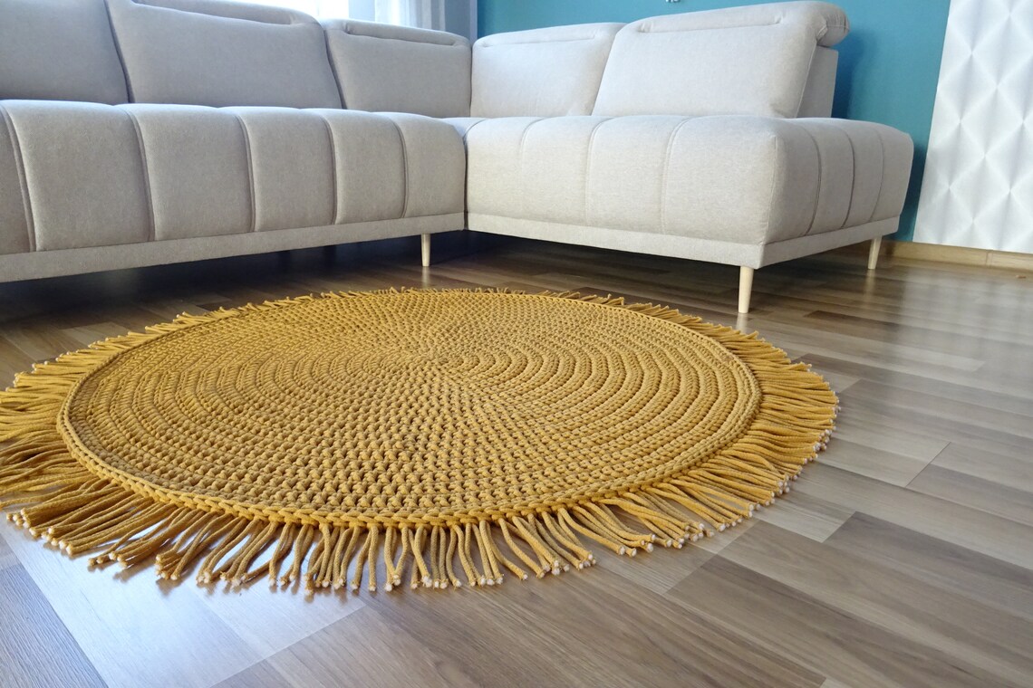 Rug With Tassel Mustard Yellow Round Rug Crochet Carpet - Etsy