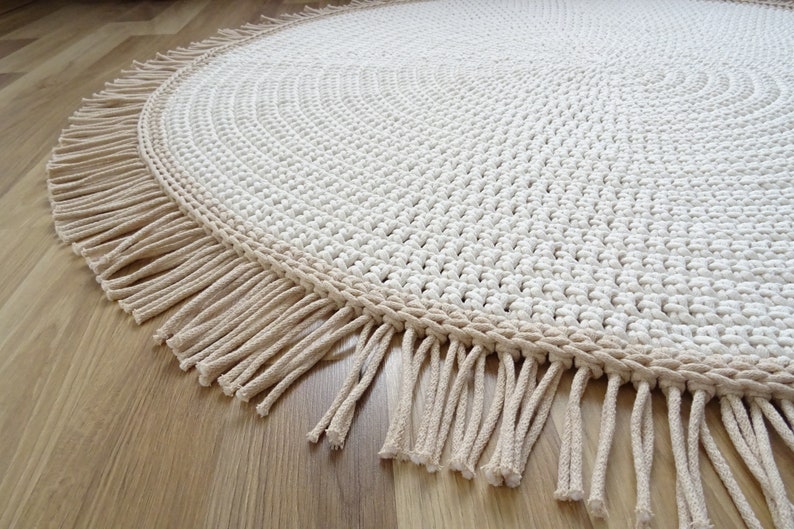 Macrame Rug Round With Fringe Beige Round Rug Macrame - Etsy