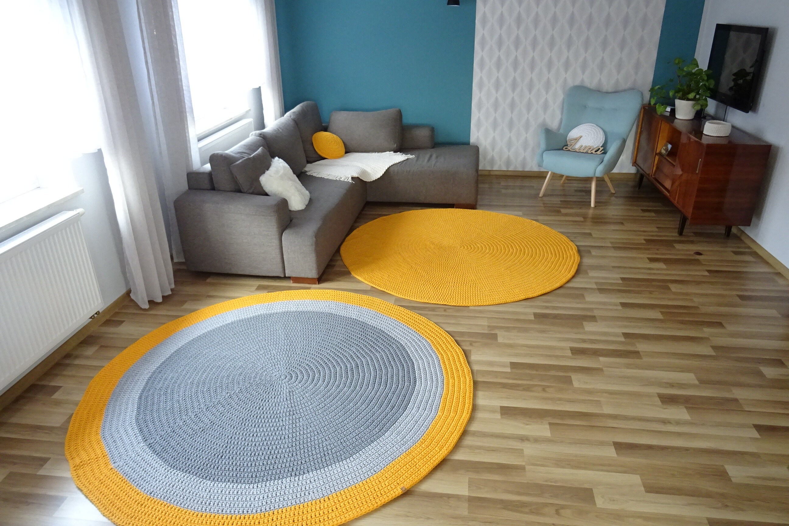 Yellow Round rug crochet round rug large yellow round rug - Etsy Polska