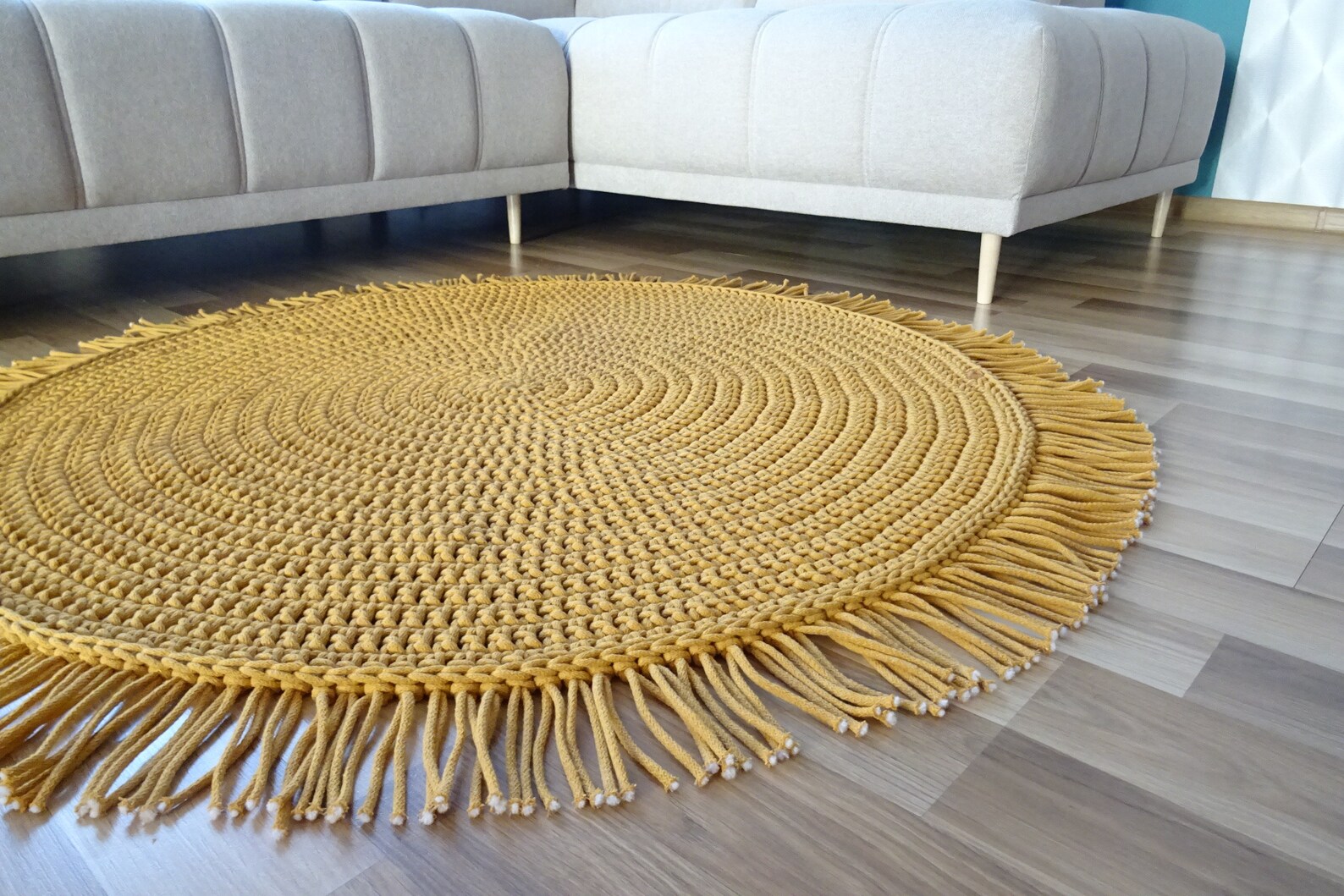 Rug With Tassel Mustard Yellow Round Rug Crochet Carpet - Etsy