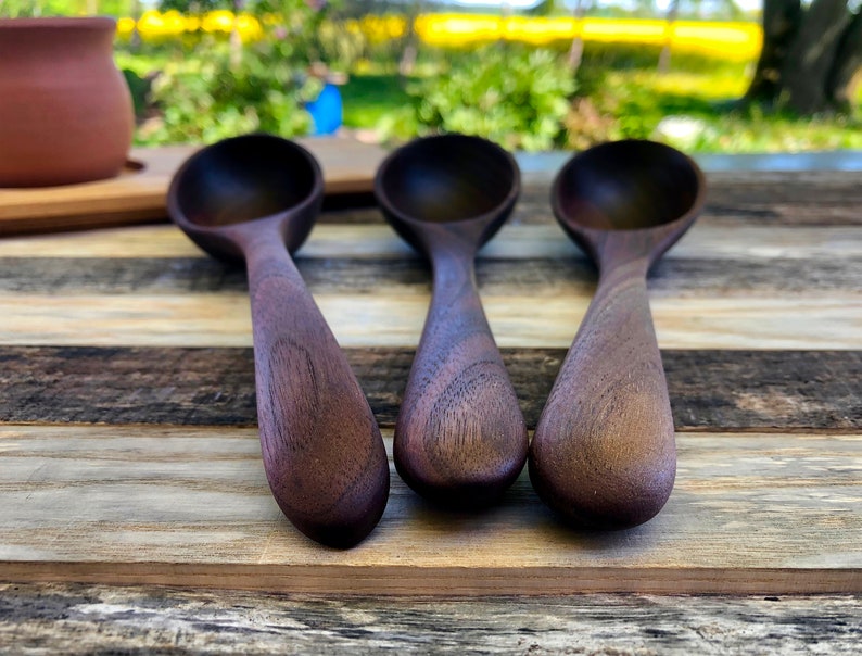 Hand Carved Dark Brown Walnut Wood Cooking Spoons, Eco Kitchen Serving ...