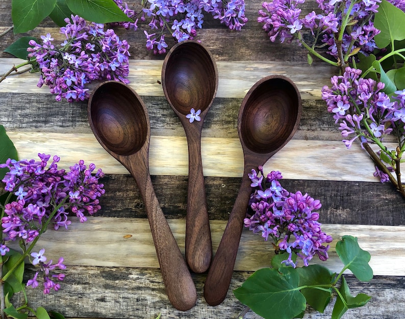 Hand Carved Dark Brown Walnut Wood Cooking Spoons, Eco Kitchen Serving ...