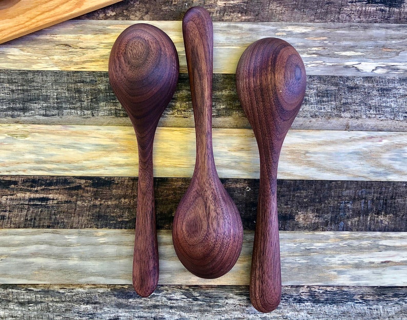 Hand Carved Dark Brown Walnut Wood Cooking Spoons, Eco Kitchen Serving ...