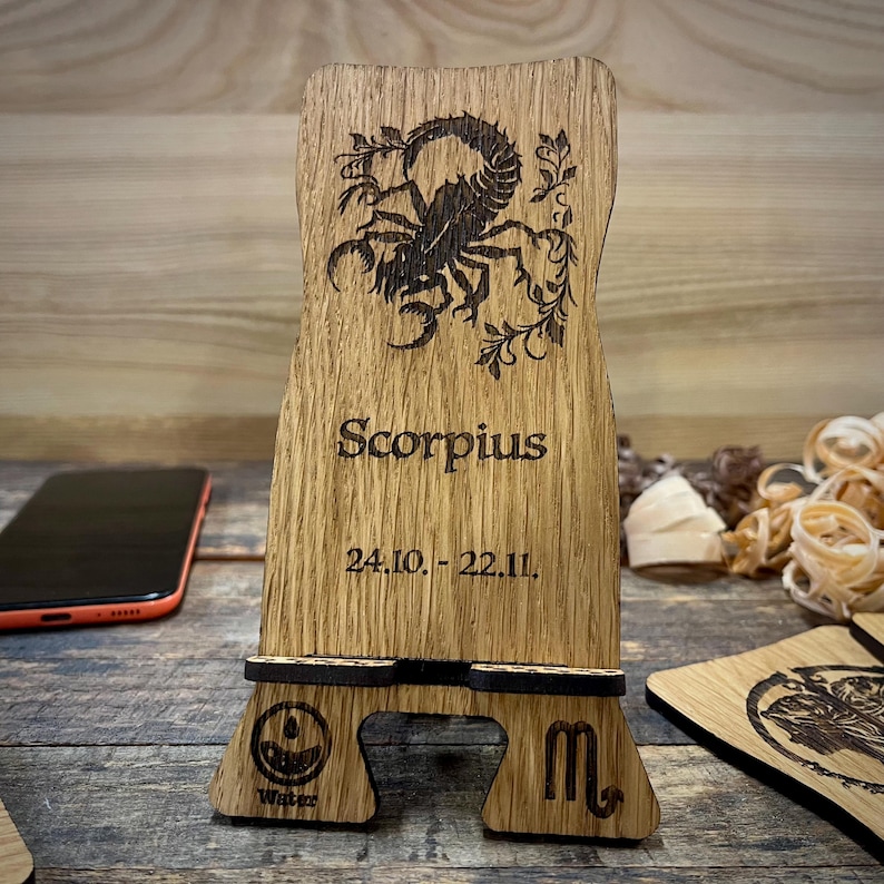 Oak Wood Phone Stand Scorpio Zodiac Sign Cellphone Holder Mobile Phone ...