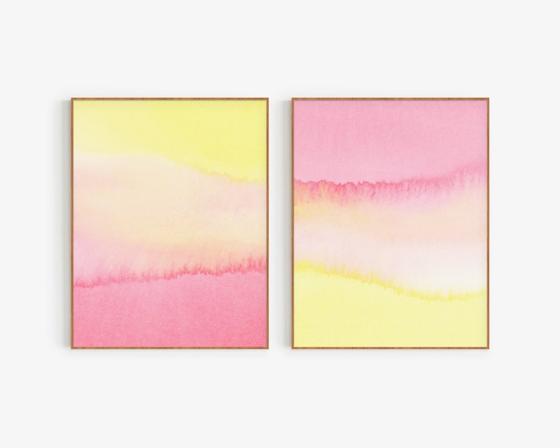 Pastel Pink Yellow Gradient Print, Watercolor Abstract Art ...