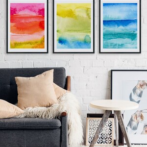 Set of 3 Prints, Bright Color Watercolor Prints, Downloadable Wall Art ...