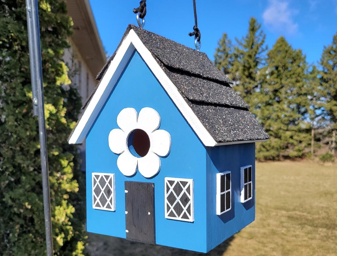 Hanging Birdhouse, Blue Birdhouse, Flower Birdhouse, Handmade Birdhouse ...