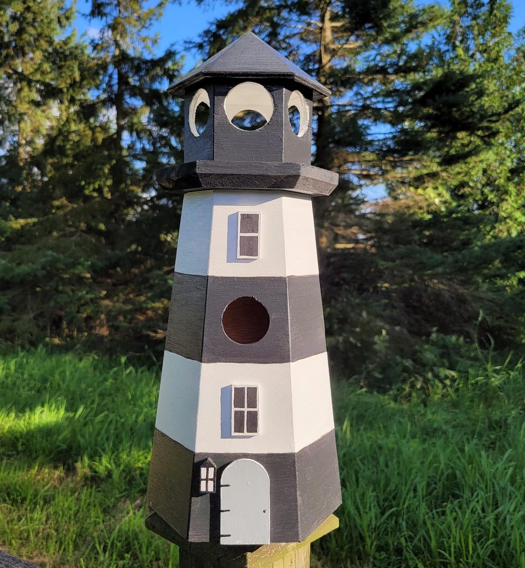 Lighthouse Birdhouse, Black and White Birdhouse, Handmade Birdhouse ...