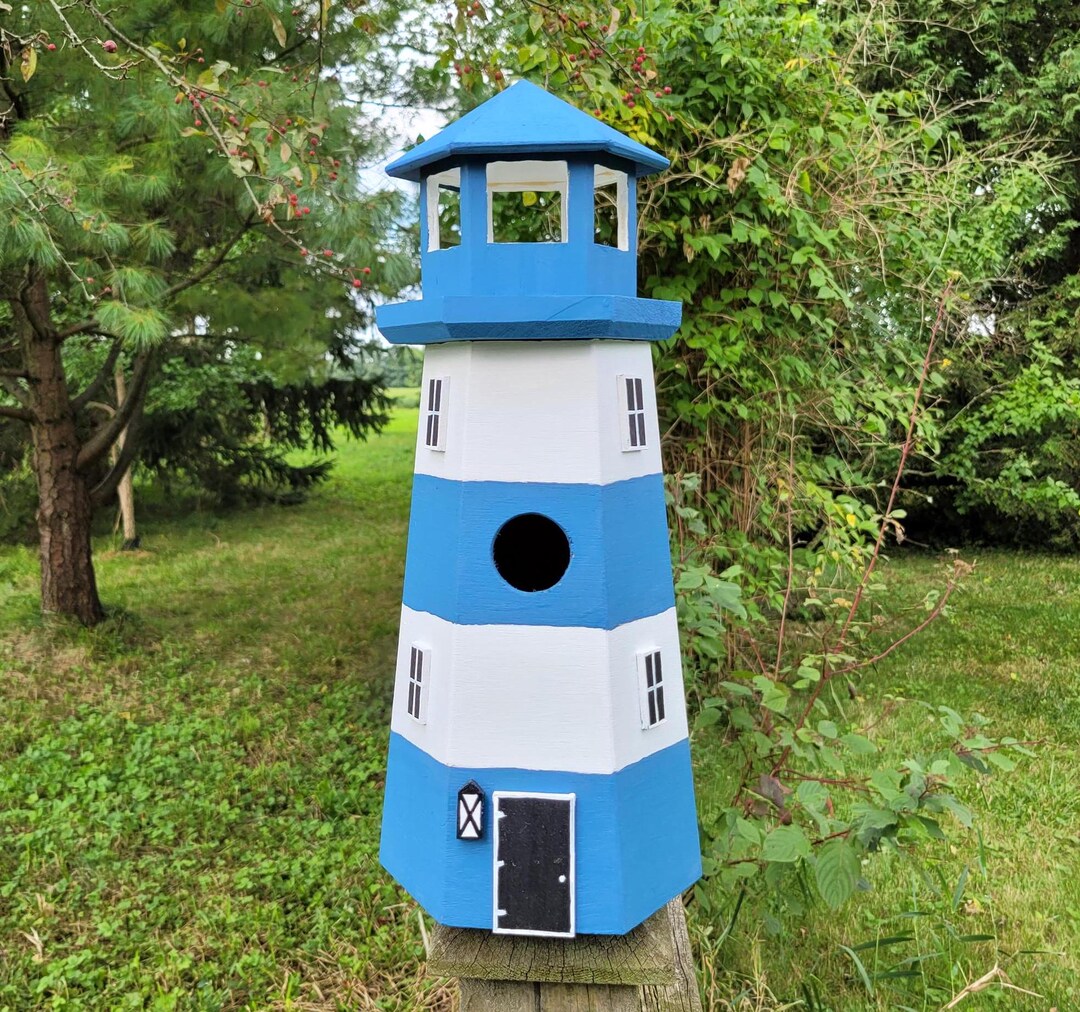 Lighthouse Birdhouse, Blue and White Birdhouse, Handmade Birdhouse ...