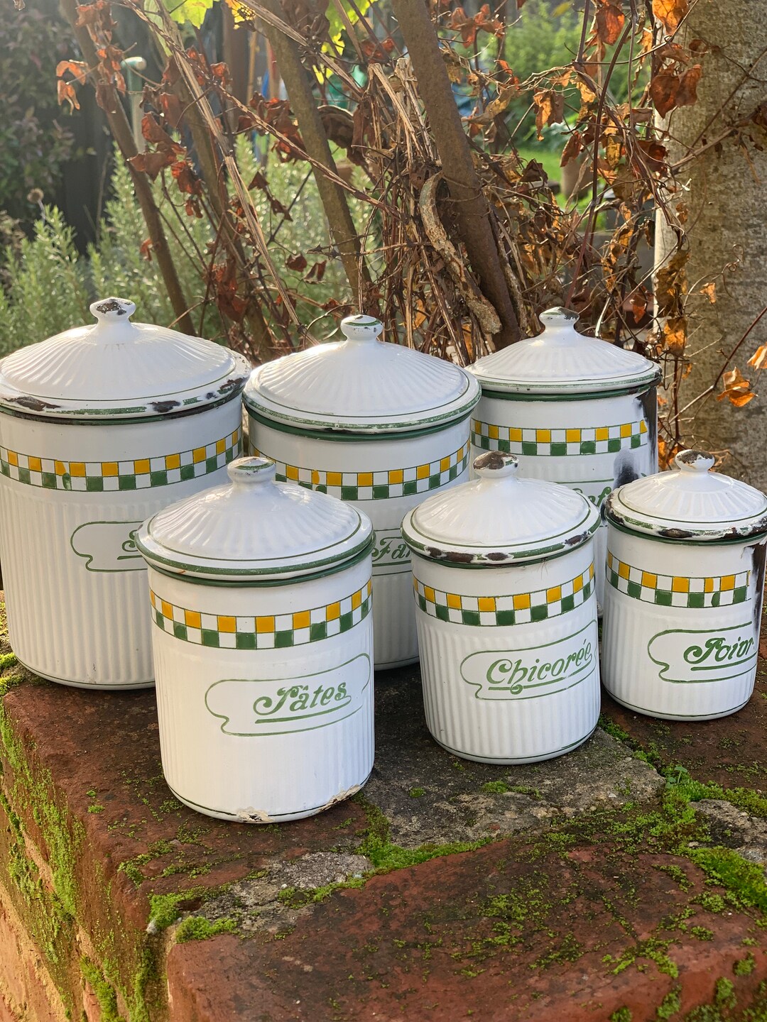 French Enamel Canister Set , French Yellow and Green Cuisine Kitchen ...