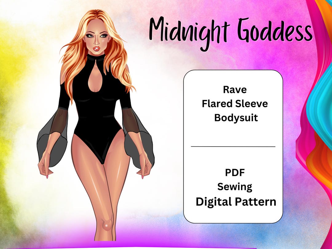Midnight Goddess Bodysuit Sewing Pattern - DIY Rave and Swimwear With Flare Mesh Sleeves - PDF ...