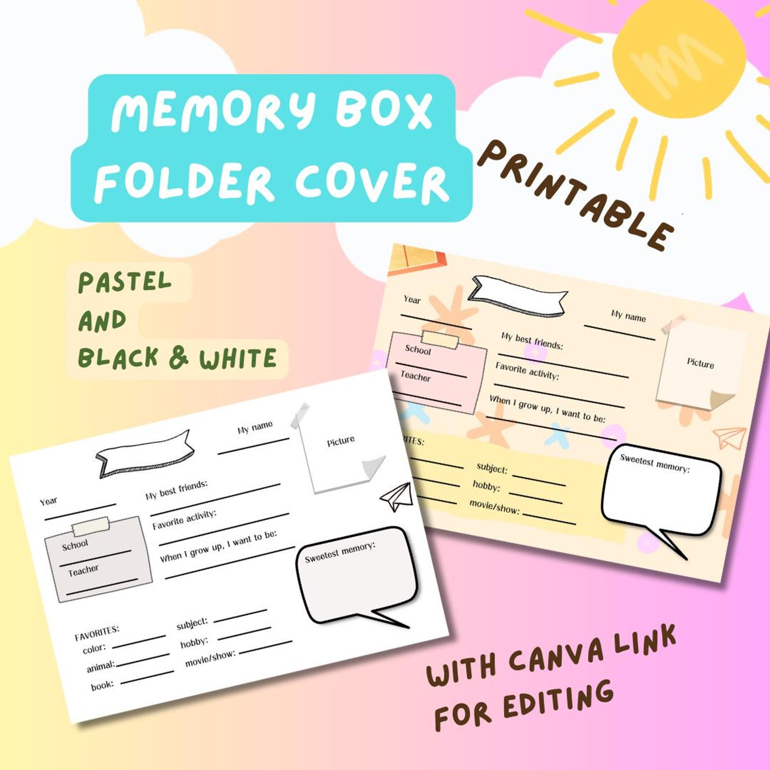 Kindergarten Memory Box Folder Cover, Memory File Folder Printable ...