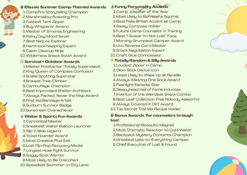 Funny Summer Camp Awards PDF - 55 Printable End of Camp Certificates ...