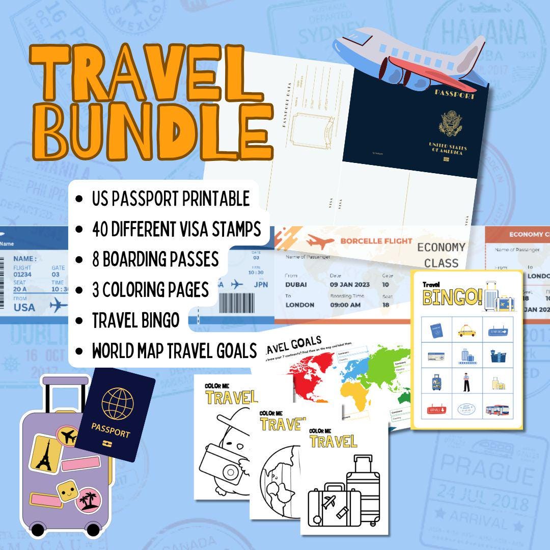 Printable US Passport for Kids, Pretend Play Kit - Stamps, Travel Bingo ...