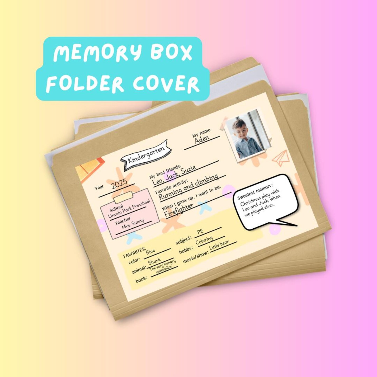 Kindergarten Memory Box Folder Cover, Memory File Folder Printable ...