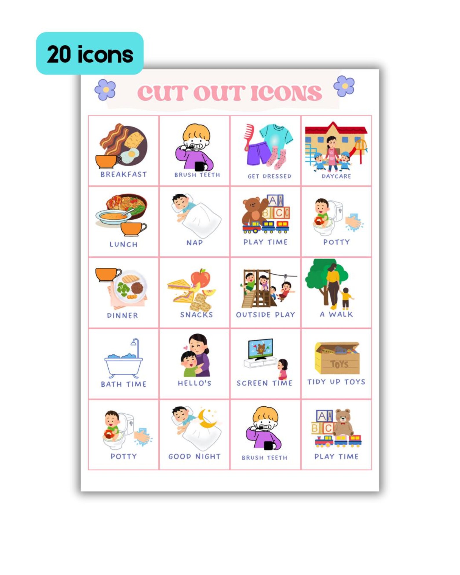 DAILY ROUTINE Chart Kids & Chore, Icons X 20, PRINTABLE, Toddler Chart ...