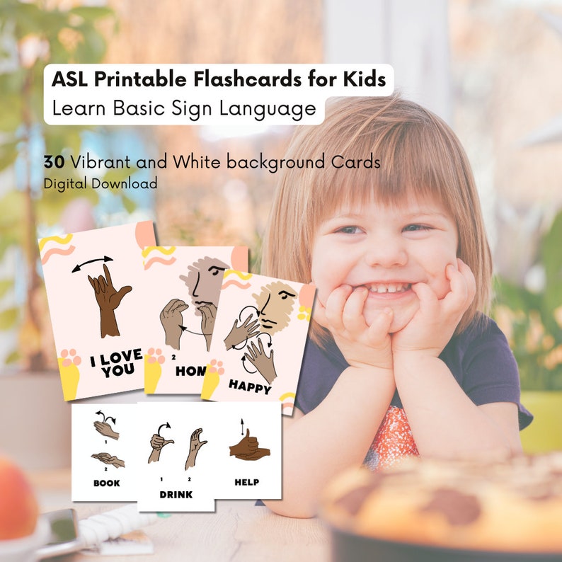 ASL Flashcards for Kids, Learn Sign Language for Children, 30 Vibrant ...